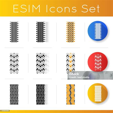 타이어 추적 아이콘 설정 상세한 자동차 오토바이 자전거 타이어 마크 자동차 여름과 겨울 휠 트레이스 차량 타이어 트레일 선형 검정 및 Rgb 색상 스타일입니다 격리된 벡터