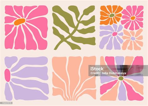 Groovy 낙서와 추상적 인 유기 식물 모양 아트 세트 추상적인 식물 성분 세트 트렌디 한 복고풍 60 년대 70 년대 스타일의 Matisse 꽃 포스터 0명에 대한 스톡