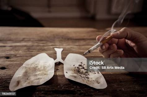 담배와 폐암 의료 경고 금연 및 흡연 살인 캠페인의 광고 스타일 사진 재떨이로 폐를 사용하여 연소 담배와 손의 개념 적 이미지 0명에 대한 스톡 사진 및 기타 이미지