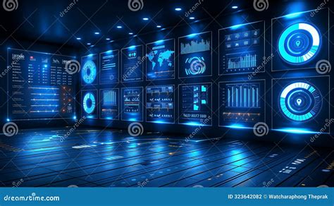 Futuristic Control Room With Multiple Digital Screens Displaying Various Data Analytics And