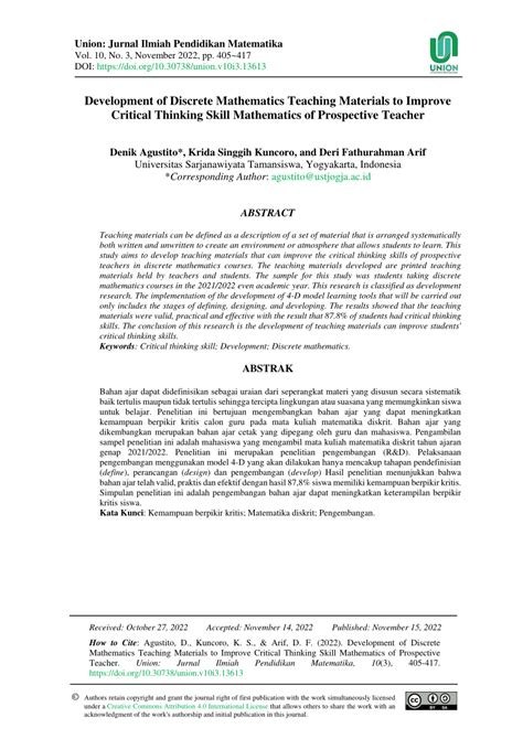Pdf Development Of Discrete Mathematics Teaching Materials To Improve Critical Thinking Skill