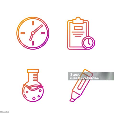 시계라인 마커 펜 테스트 튜브 및 플라스크 화학 실험실 시계 및 시험 시트를 설정합니다 그라데이션 색상 아이콘입니다 벡터 거리표식에 대한 스톡 벡터 아트 및 기타 이미지