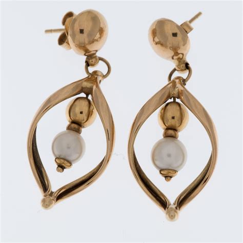 Italian Vintage 18kt Yellow Gold Dangle Earrings With Pearls For Sale