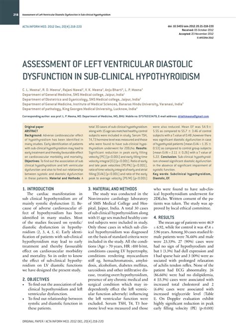 Pdf Assessment Of Left Ventricular Diastolic Dysfunction In Sub Clinical Hypothyroidism