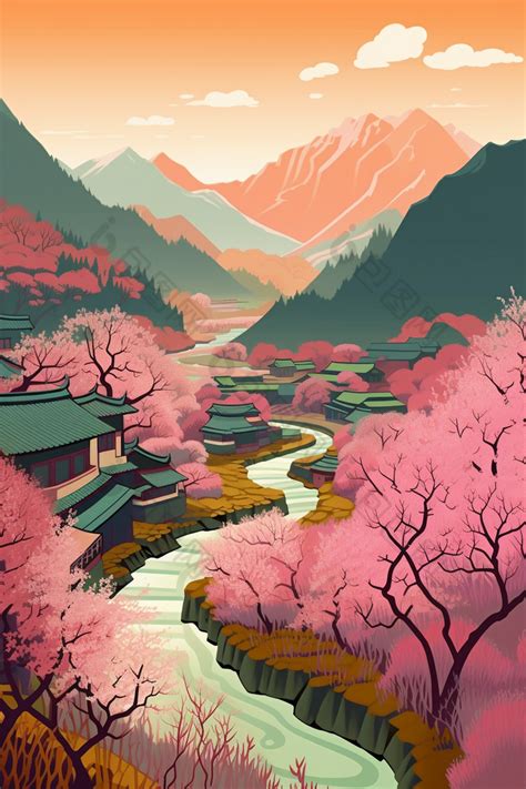 山水田野风景数字插画图片 包图网