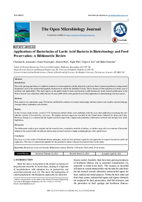Pdf Applications Of Bacteriocins Of Lactic Acid Bacteria In Biotechnology And Food