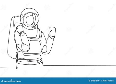 Continuous One Line Drawing Female Astronaut With Celebrate Gesture Wearing Spacesuits To