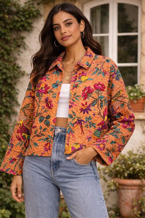 Cotton Kantha Jacket With Floral And Bird Print Handmade Vintage Style