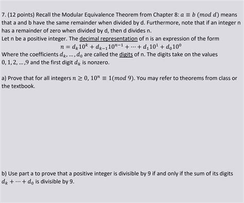 Solved 7 12 Points Recall The Modular Equivalence Theorem