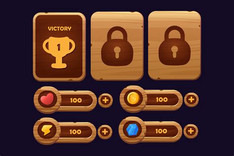 Game Buttons Of Wooden And Gold Texture Cartoon Menu Interface Elements 16666280 Vector Art At