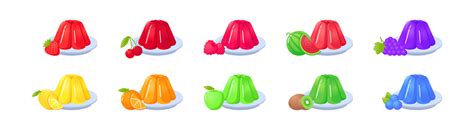 다른 과일과 딸기 만화 벡터 일러스트 레이 션과 접시에 젤리 달콤한 디저트를 설정하십시오 젤라틴 다채로운 과자 번들 젤라틴에 대한 스톡 벡터 아트 및 기타 이미지 Istock