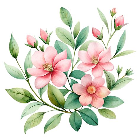 Flores Aquarela Rosa Com Ilustração Clipart De Folhas Verdes Png