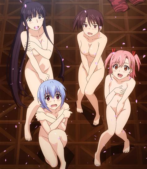 4girls Akashi Yuuna Bangs Barefoot Black Hair Blue Hair Breast Hold