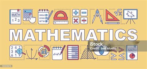 수학 단어 개념 배너 프리젠 테이션 웹 사이트 선형 아이콘과 격리 된 문자 타이포그래피 아이디어 대수 기하학 통계 기본 수학