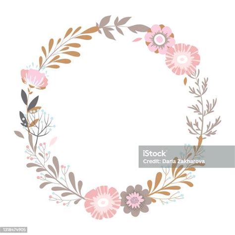 흰색 배경에 고립 된 손으로 그려진 다채로운 꽃 잎및 가지에서 둥근 화환벡터 일러스트레이션 카드 결혼 초대 브로셔를 위한 플로럴 디자인 템플릿 결혼식에 대한 스톡 벡터 아트