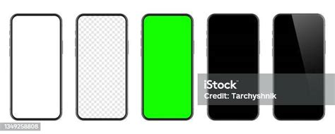 빈 터치 스크린과 녹색 크로마 키 배경과 현실적인 스마트 폰 앞보기에 프레임없는 휴대 전화 고품질 의 상세한 장치 모형 화면 배경 템플릿입니다 벡터 일러스트레이션 3차원