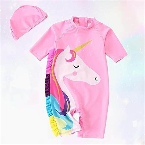 ชุดว่ายน้ำ เด็กผู้หญิง บอดี้สูท แขนสั้น ขาสั้น สีชมพู ลายม้าโพนี่ พร้อมหมวก 0889 Tk Supplies