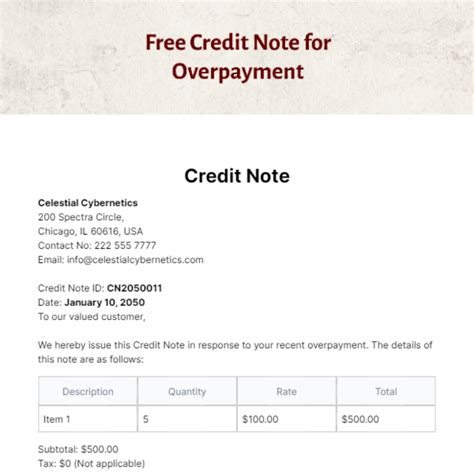 Free Credit Note For Overpayment Template Edit Online And Download