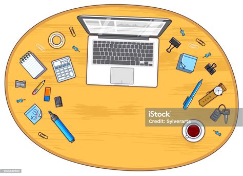 나무 사무실 직원 또는 기업 노트북 컴퓨터와 다양 한 편지지 개체 작업에 대 한 텍스트 복사 공간 책상 직장을 작동 합니다 모든 요소는 별도로 사용 하기 쉽습니다 벡터입니다