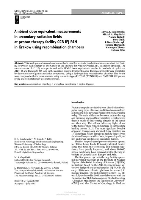 Pdf Ambient Dose Equivalent Measurements In Secondary Radiation