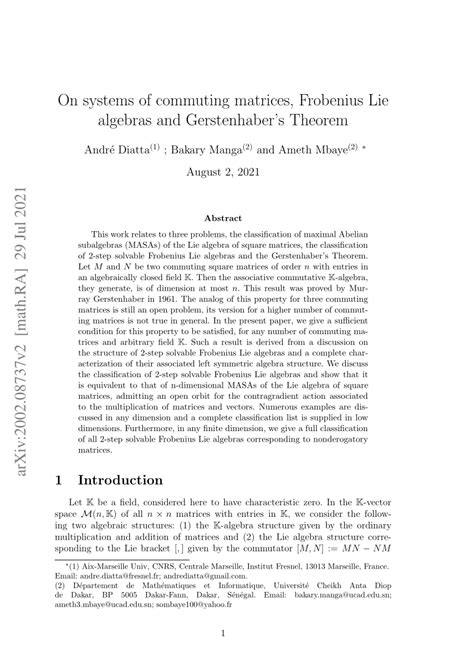 pdf on systems of commuting matrices frobenius lie algebras and