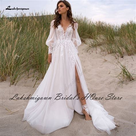 Lakshmigown Vestido 빈티지 푹신한 긴 소매 웨딩 드레스 Boho 2022 남북 Corest Tulle 신부 웨딩 드레스 하이 사이드 분할 결혼식 드레스
