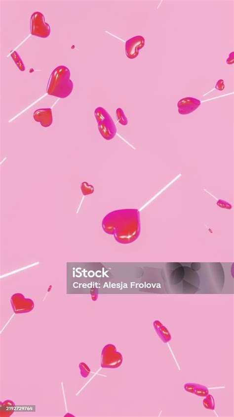 추상적 인 3d 수직 배경 떨어지는 발렌타인 하트 사랑 사탕 과자 롤리팝 축제 이벤트 계절 생생한 핑크 색상 그라데이션 색종이 기념일 인사말 엽서 전화 화면 형식 벽지 0