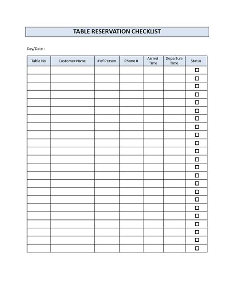 Printable Restaurant Reservation Sheet Template Printable Calendars