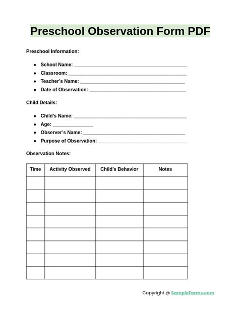 Free Printable Preschool Social Observation Sheet