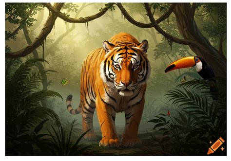 A Tiger Lies On A Mossy Tree Branch In A Vibrant Green Jungle With