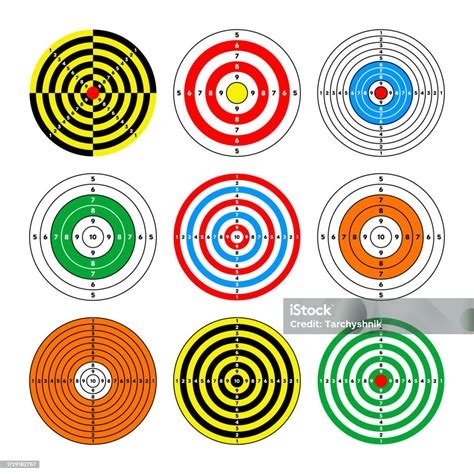 사격장 종이 표적 나눗셈 표시 및 숫자가 있는 둥근 대상 양궁 총기 사격 연습 및 훈련 스포츠 경기 및 사냥 과녁과 조준 벡터 그림 가리키기에 대한 스톡 벡터 아트 및 기타