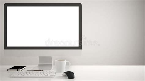 Desktop Mockup Template Computer On Work Desk With Blank Screen Keyboard Mouse And Notepad