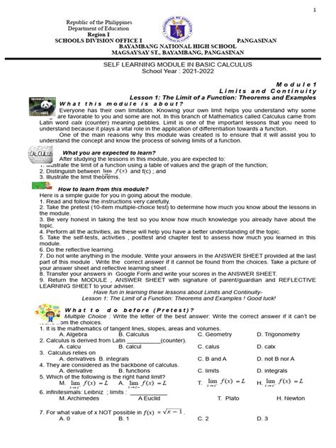 Module 1 Limits And Continuitysy2021 2022 Pdf Calculus Function