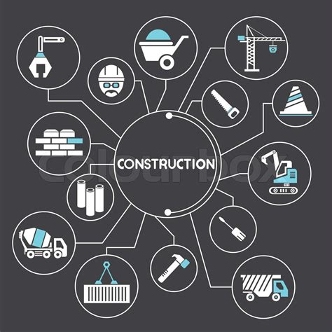 Construction And Civil Engineering Network Info Graphic Black Background Theme Stock Vector