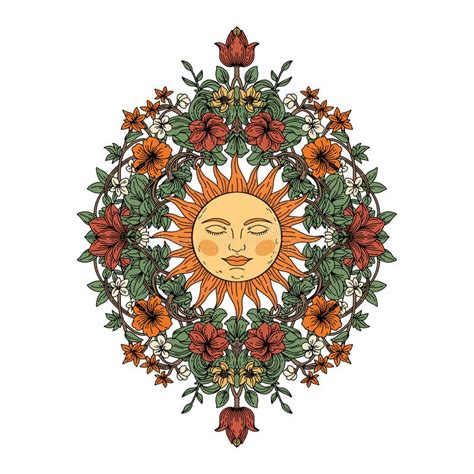 Celestial Sun And Floral Wreath Bohemian Illustration Stock Vector Illustration Of Symmetry