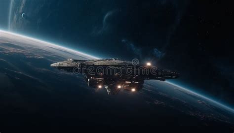 Futuristic Spaceship Orbits Planet In Galaxy Exploring Nature