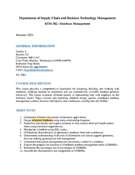 Btm 382 Outline Summer 2024 Department Of Supply Chain And Business Technology Management Btm