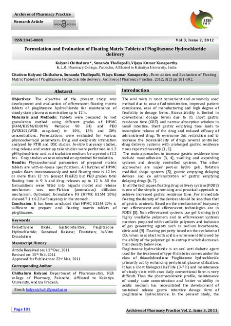 Pdf Formulation And Evaluation Of Floating Matrix Tablets Of Pioglitazone Hydrochloride Delivery