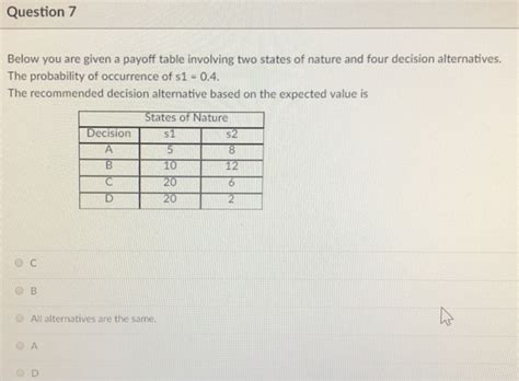 Solved Question7 Below You Are Given A Payoff Table