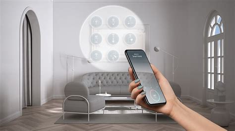 手机应用上的智能家居技术界面，增强现实，物联网，经典休息室室内设计与连接的物品，女性手握遥控设备 模板素材 稿定设计