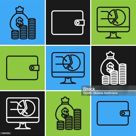 라인 돈 가방과 동전 그래프 차트와 지갑 아이콘이있는 컴퓨터 모니터를 설정합니다 벡터 0명에 대한 스톡 벡터 아트 및 기타 이미지 0명 가방 그래프 Istock
