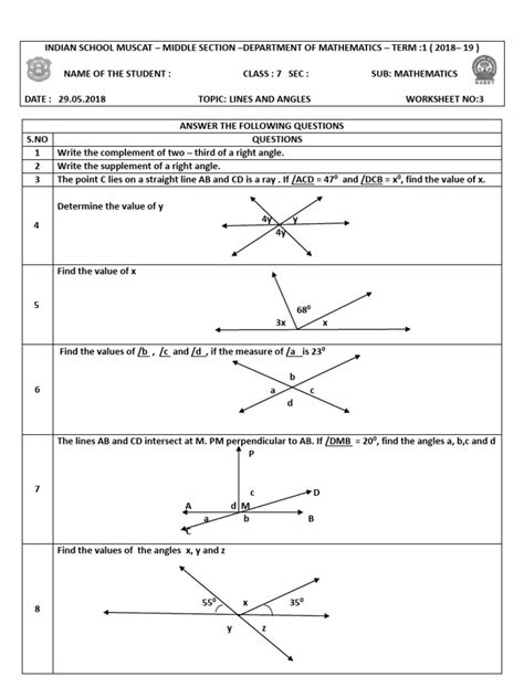 Class 7 Maths Worksheet On Lines And Angles Pdf Angle Triangle