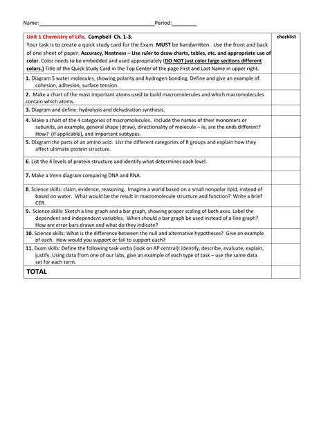 Macromolecules Chart Ap Biology