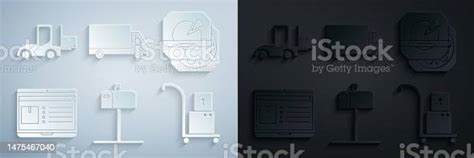 메일 상자 열기 판지에 피자 앱 배달 추적 기능이 있는 노트북 핸드 트럭 및 상자 배달 화물 차량 및 지게차 아이콘을 설정합니다