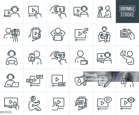 온라인 비디오 녹화 편집 및 가는 선 아이콘 공유 편집 가능한 스트로크 아이콘에 대한 스톡 벡터 아트 및 기타 이미지 아이콘 편집자 편집 장비 Istock
