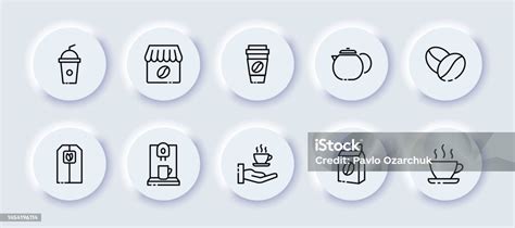 차와 커피 세트 아이콘입니다 음료 컵 머그잔 빨대 카페 판지 커피 포트 가방 손 기계 뜨거운 증기 음료 개념입니다 신형성 스타일