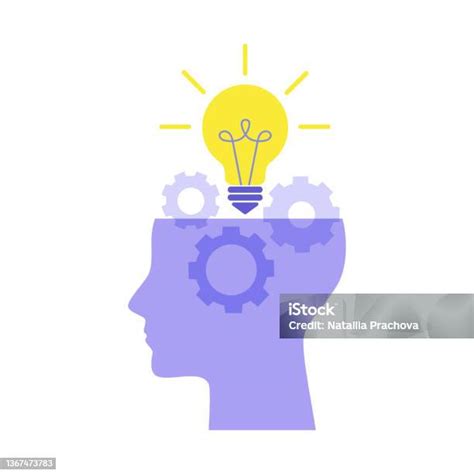 전구 램프와 기어로 인간의 머리를 프로파일 기호 창의성 아이디어 마음 생각 혁신 지식 솔루션 벡터 플랫 일러스트 개념 배너 배경 포스터 용 디자인 기어 기계 부분에 대한