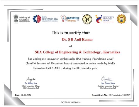 Dr S B Anil Kumar On Linkedin One More My Recognition And Achievement Through Iic Activities