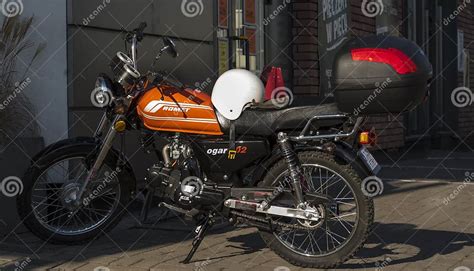 Polish Moped Ogar Standing In Front Of The Shop Editorial Image