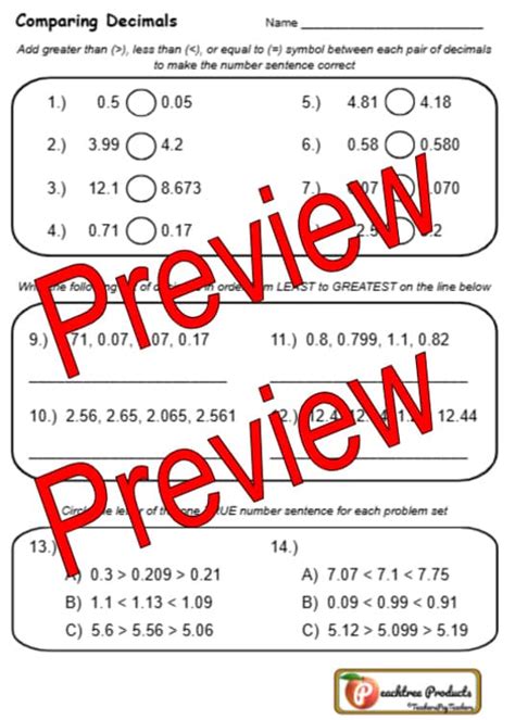 5th Grade Math Comparing Decimals Worksheet 1 5nbt3b Tpt